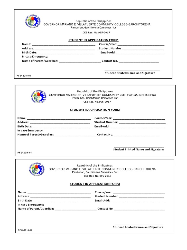 Student Id Application Form: CEB Res. No.995-2017 Pambuhan ...