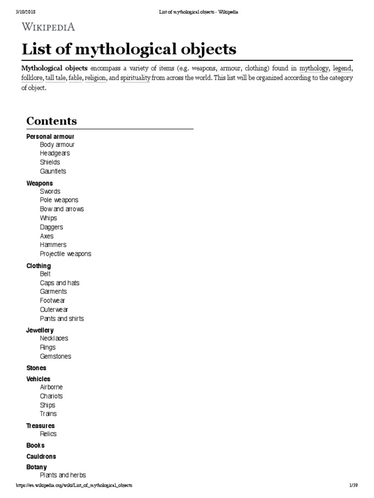 List of Mythological Objects - Wikipedia | PDF | Excalibur | Mythology