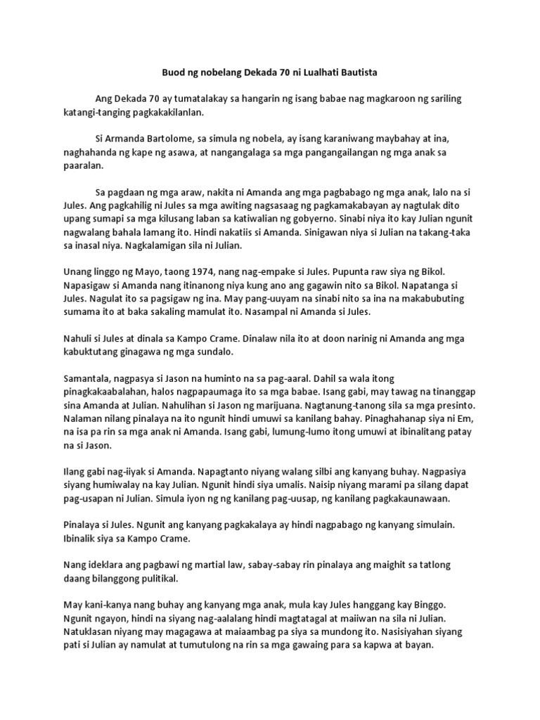Buod NG Nobelang Dekada 70 Ni Lualhati Bautista | PDF
