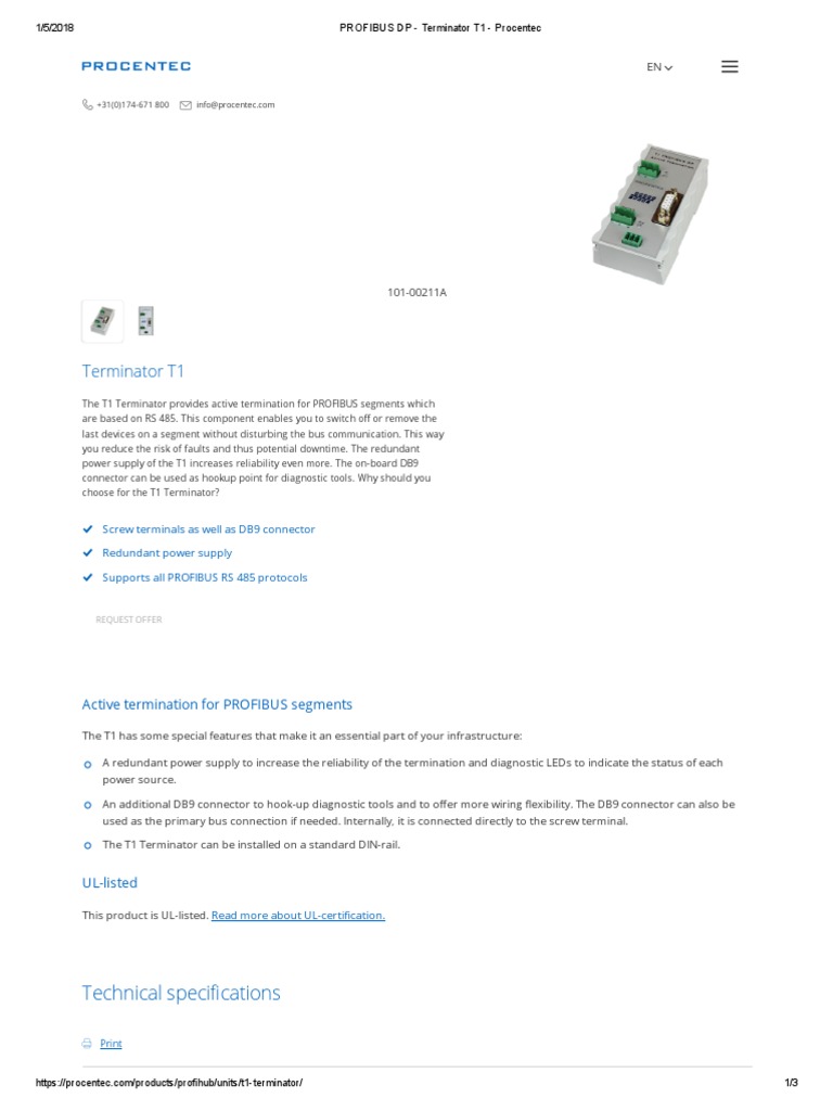 PROFIBUS Terminator T1 Features | PDF | Electrical Connector | Power Supply