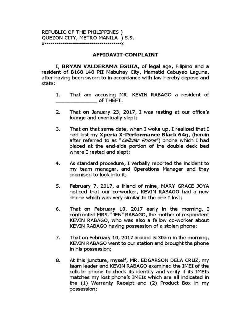 Affidavit of Complaint For Theft | PDF | Theft | Common Law