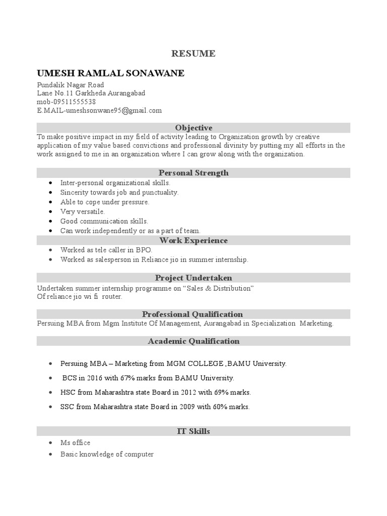 Umesh Sonwane Resume | PDF | Business | Communication