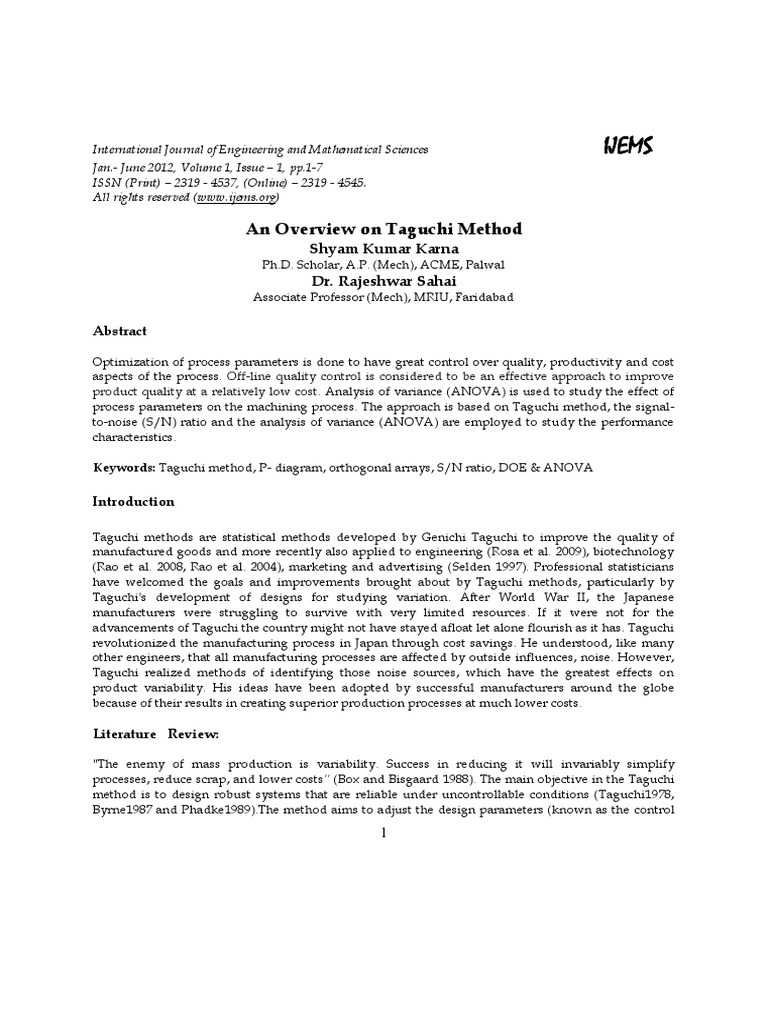 An Overview On Taguchi Method | Download Free PDF | Experiment | Design Of Experiments