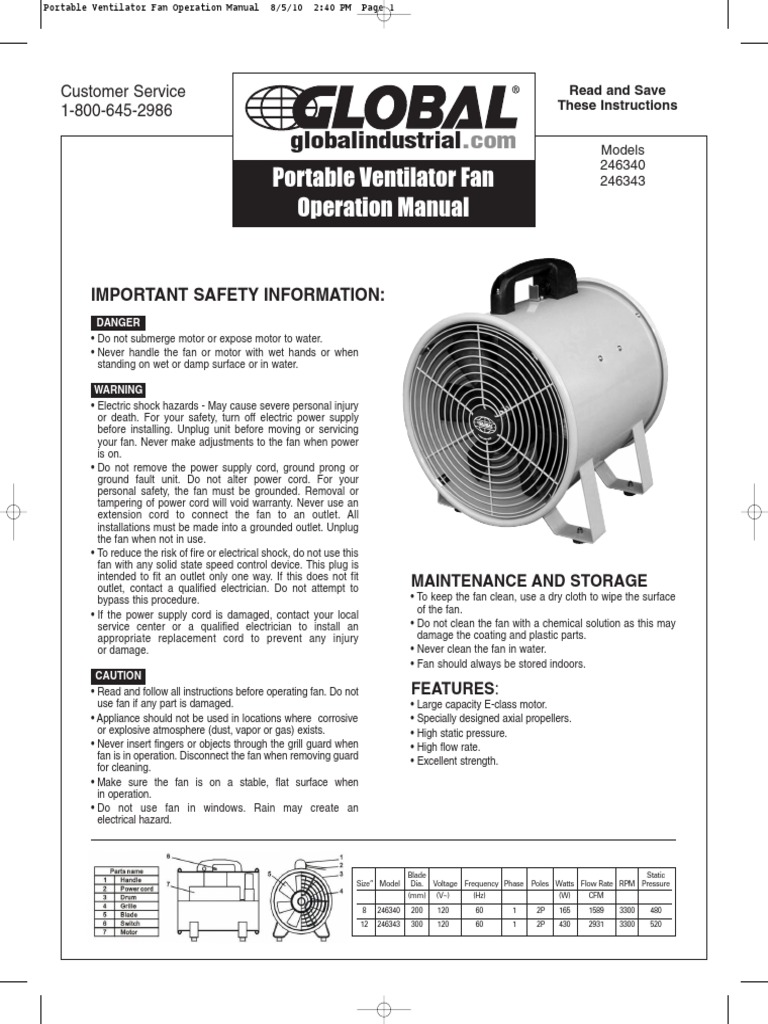 Portable Ventilator Fan Manual | PDF | Duct (Flow) | Electrician