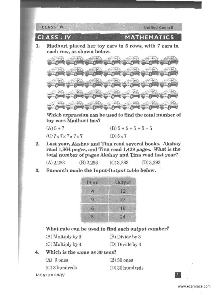 Mathematics Practice Test with Multiple Choice Questions for Class 4 ...