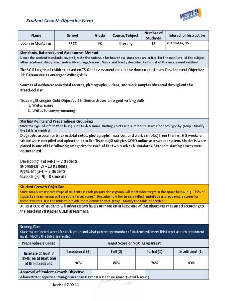 Student Growth Objective Form: Name School Grade Course/Subject Number ...
