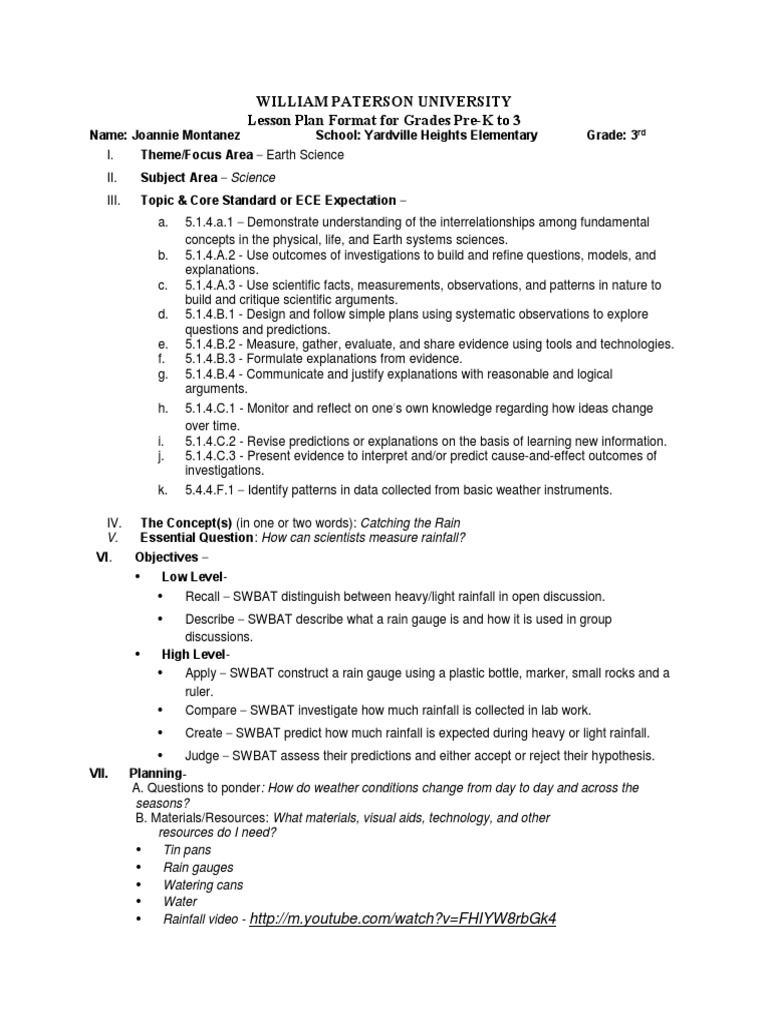 William Paterson University Lesson Plan Format For Grades Pre-K To 3 ...