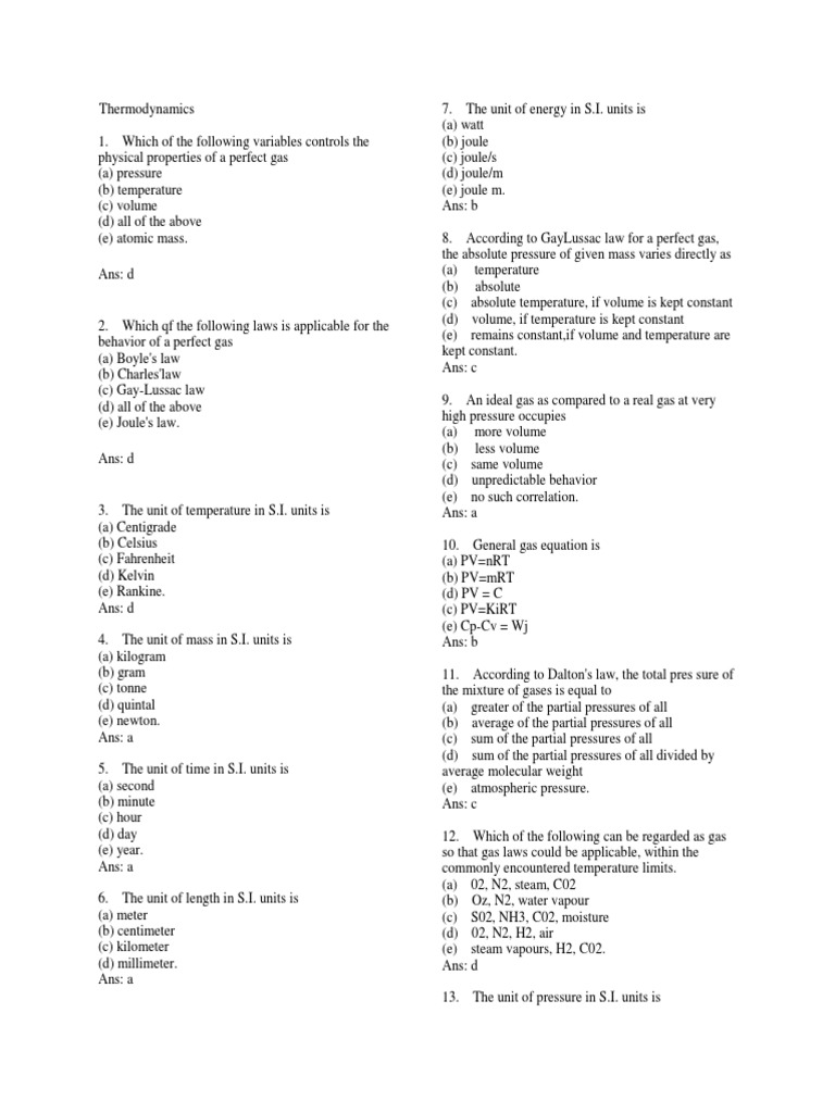 Thermodynamics MCQ | PDF | Heat | Temperature