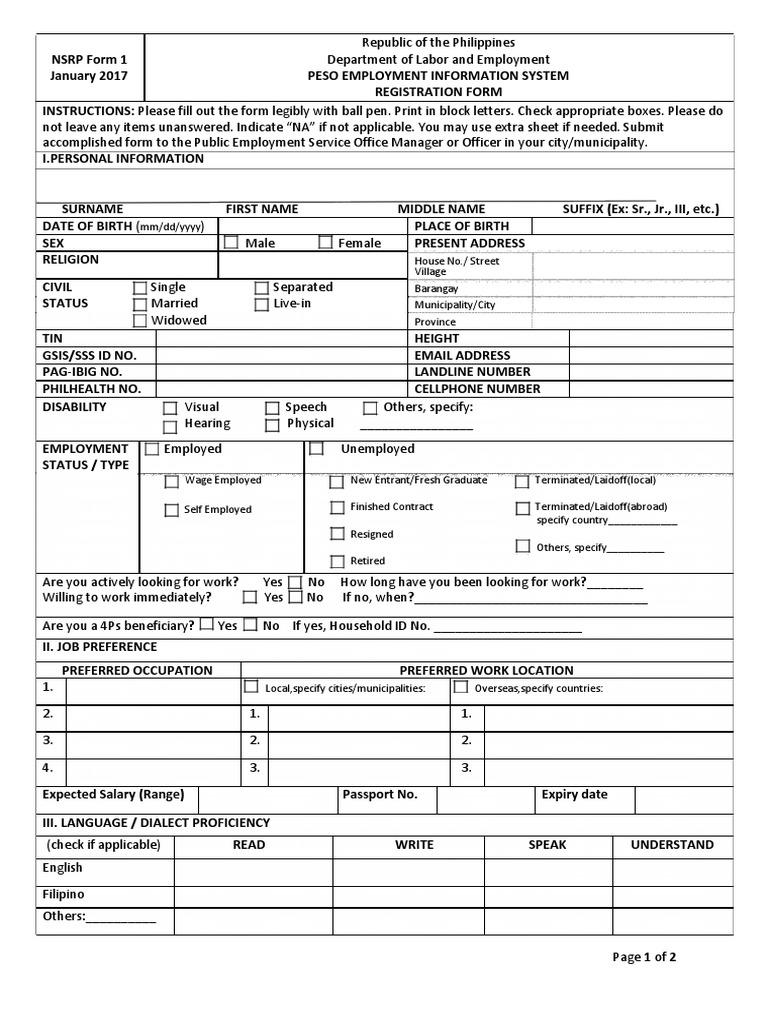 NSRP Form 1 | PDF | Vocational Education | Employment
