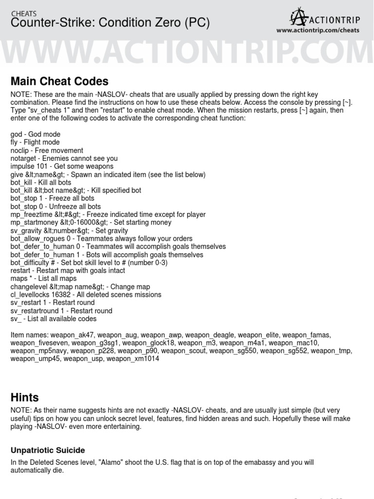 Counter-Strike: Condition Zero (PC) : Main Cheat Codes | PDF | Cheating ...