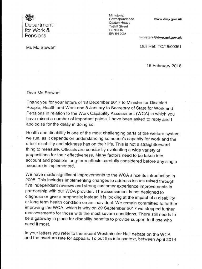 Letter From DWP Minsterial Correspondence 2018 | PDF