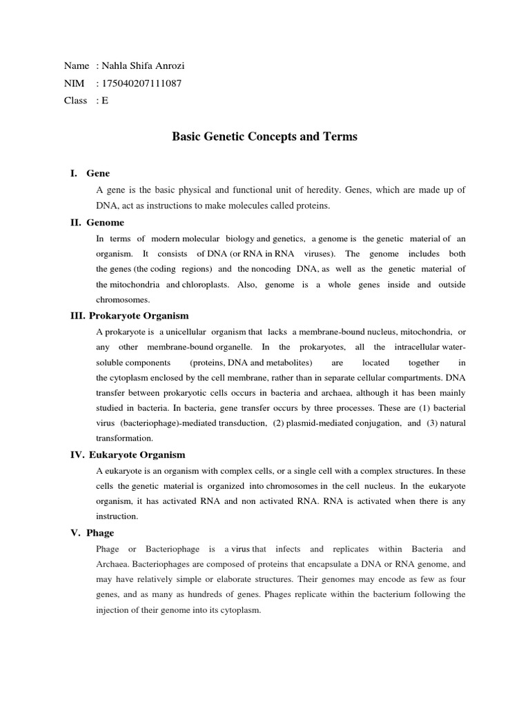 Basic Genetic Concepts and Terms: Name: Nahla Shifa Anrozi NIM: 175040207111087 Class: E | PDF ...