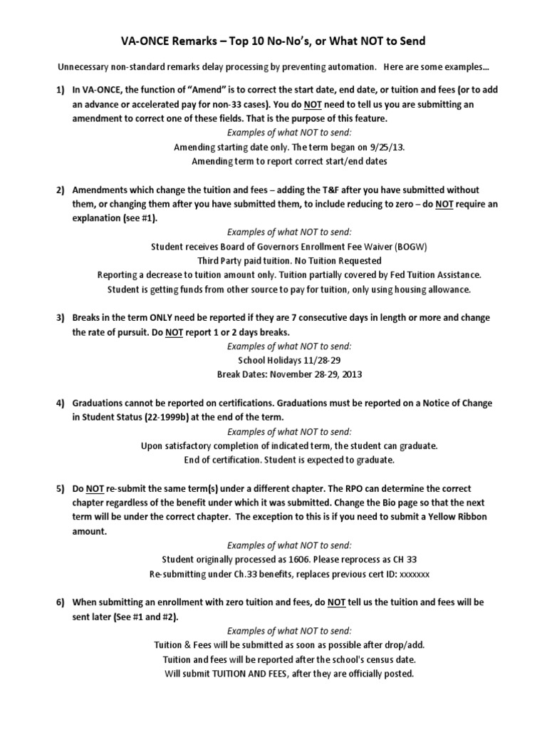 Tips For VA-OnCE Remarks | PDF | Tuition Payments | Fee