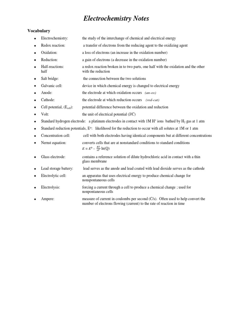 Chemistry Notes Electrochemistry Notes | PDF | Redox | Electrochemistry