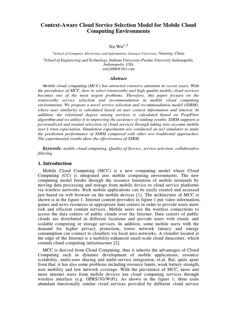 Context-Aware Cloud Service Selection Model For Mobile Cloud Computing Environments | PDF ...