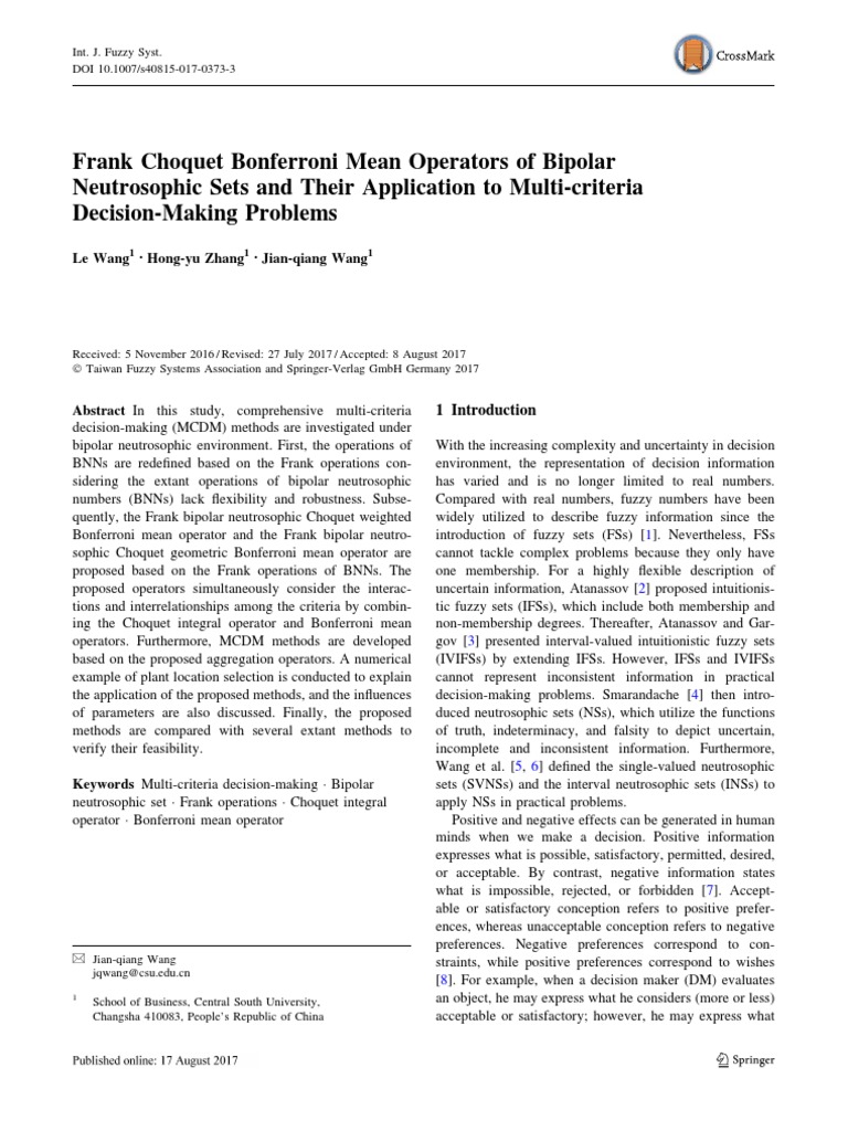 Frank Choquet Bonferroni Mean Operators of Bipolar Neutrosophic Sets and Their Application To ...