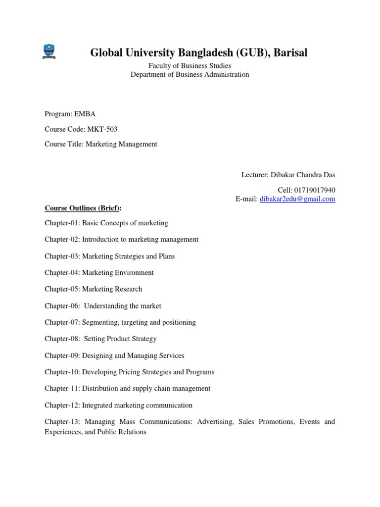 Marketing Management Course Outline | PDF | Marketing | Business Economics