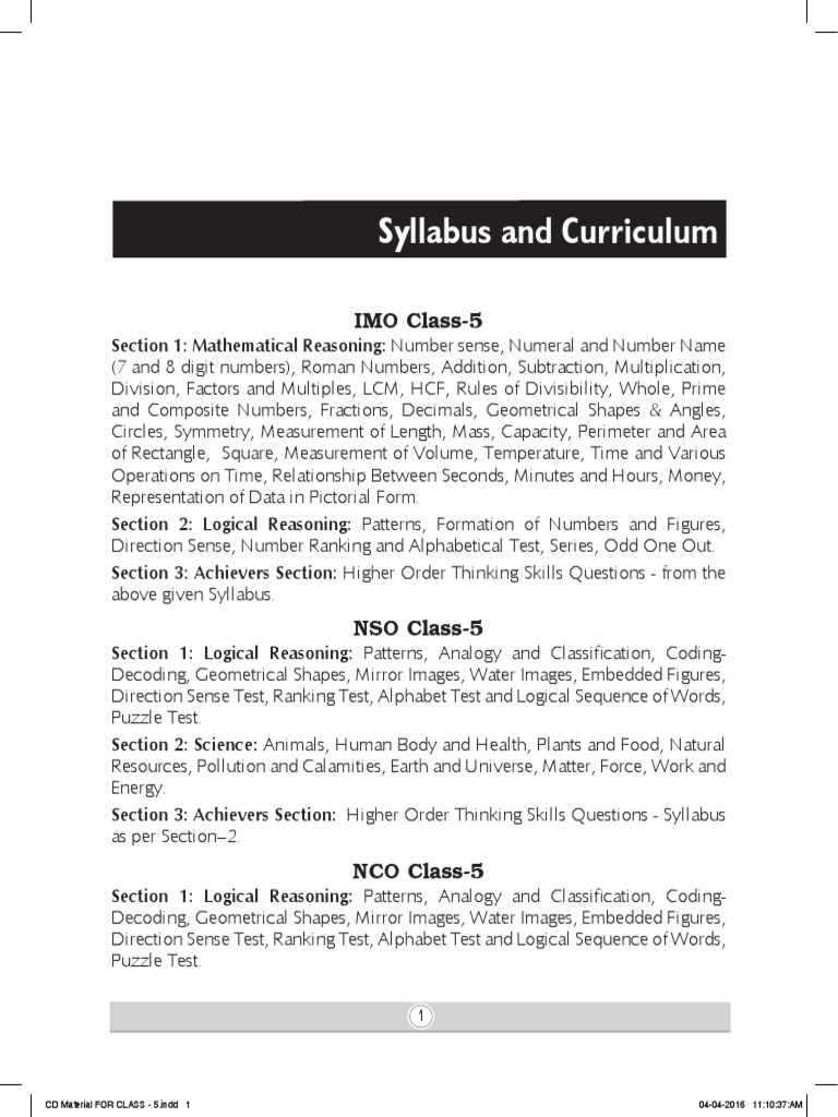 Syllabus and Curriculum - Class 5 (IMO, NSO, NCO, IEO) | Download Free ...