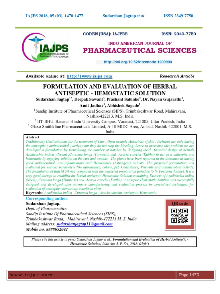 Formulation and Evaluation of Herbal Antiseptic - Hemostatic Solution ...