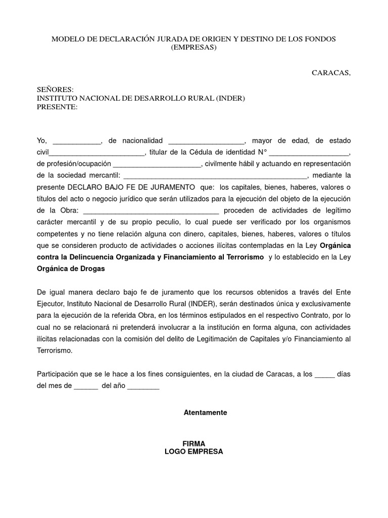 Modelo de Declaración Jurada de Origen y Destino de Los Fondos Modelo de Declaración Jurada de Origen y Destino de Los Fondos