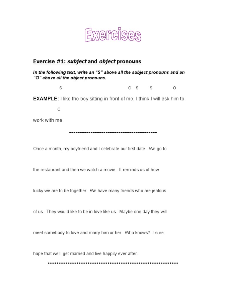 Exercise On Subject and Object Pronouns | PDF