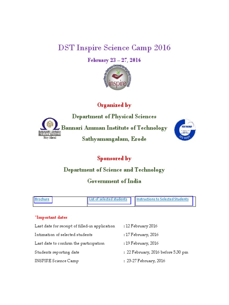 DST Inspire Science Camp 2016 | PDF | Postgraduate Education | College