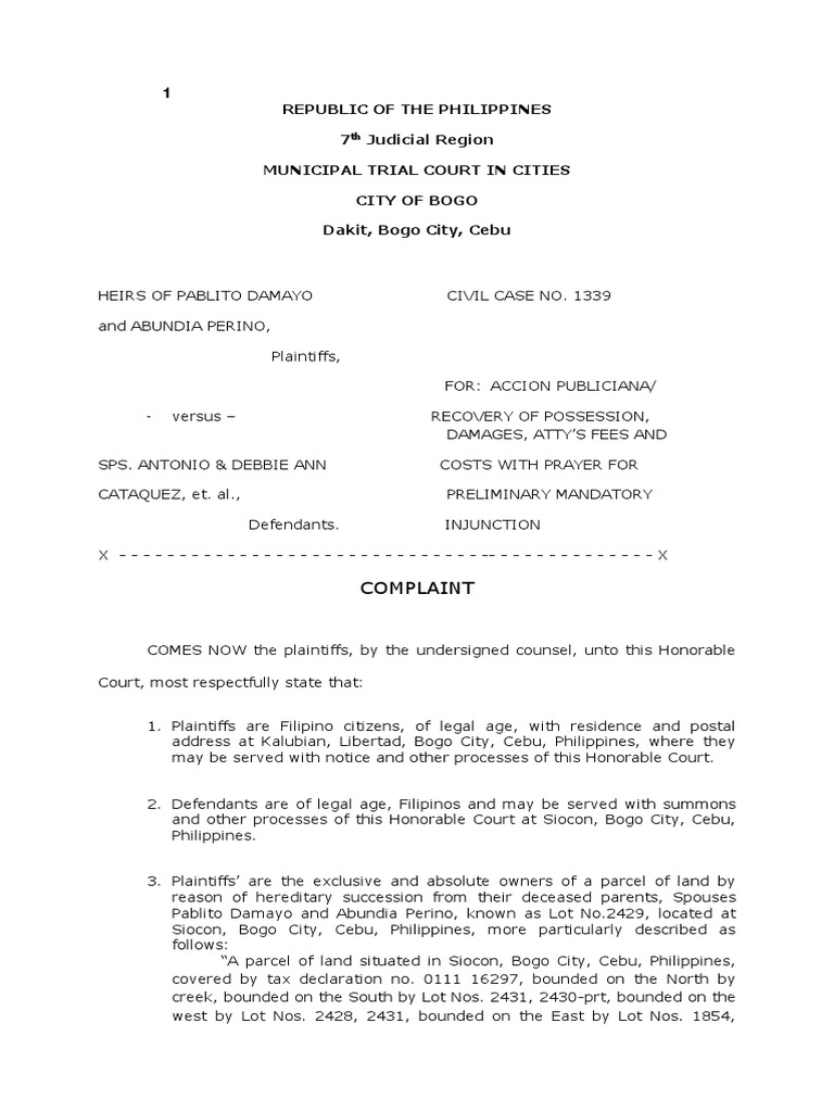 A Complaint for Accion Publiciana, Recovery of Possession, Damages, Attorney's Fees and Costs ...