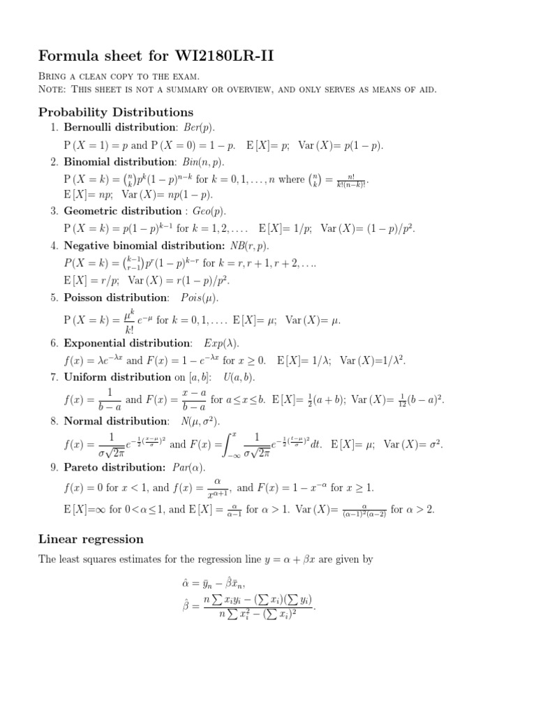 Formula Sheet | PDF | Mathematical Analysis | Probability
