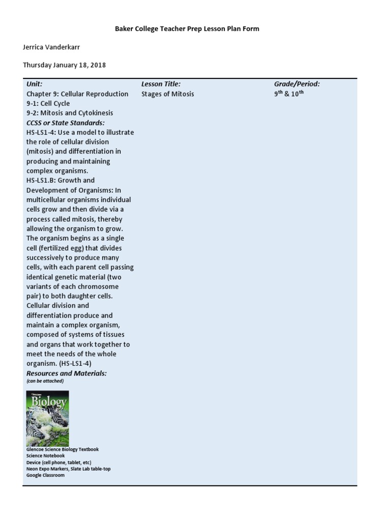 Unit: Lesson Title: Grade/Period:: Baker College Teacher Prep Lesson ...