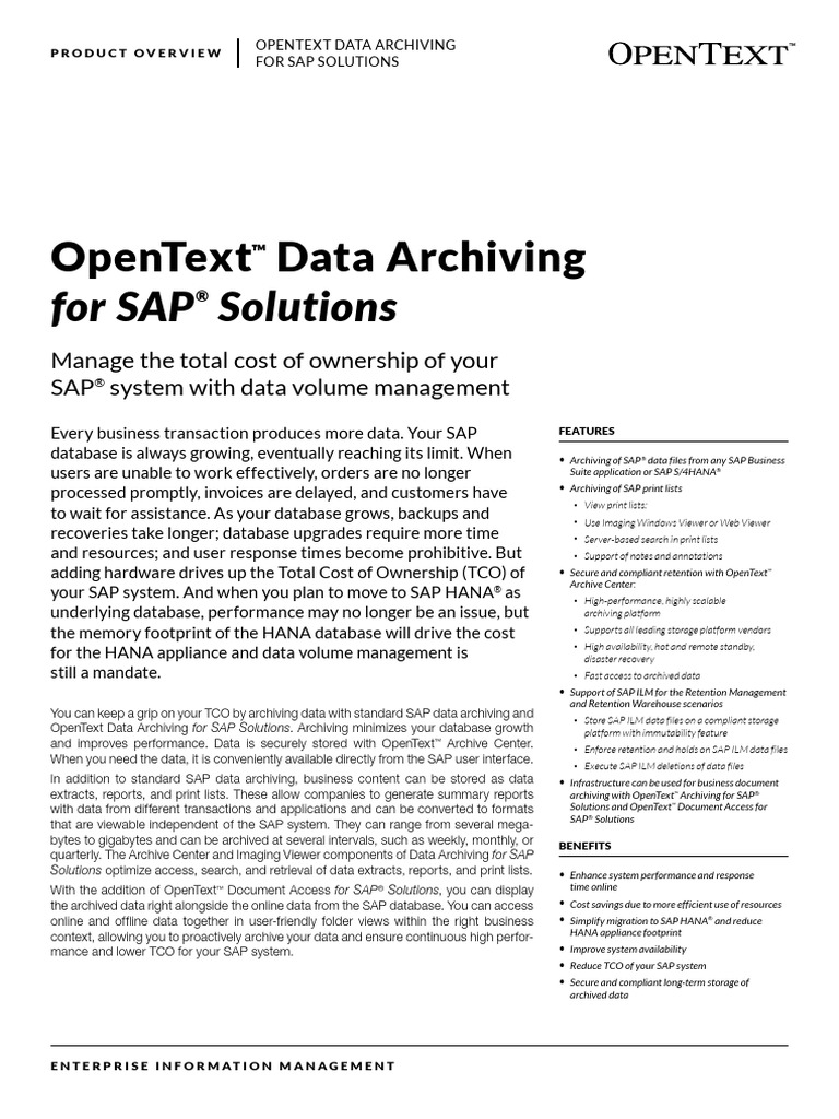 OpenText Data Archiving for SAP Solutions Product Overview | Sap Se ...