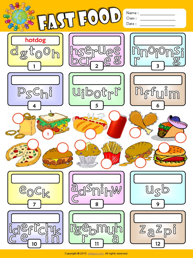 Fast Food Esl Vocabulary Unscramble The Words Worksheet For Kids | PDF