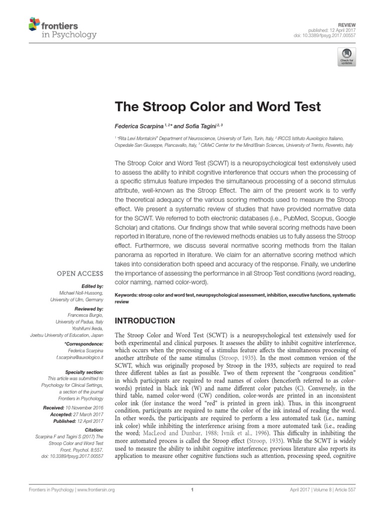 Scarpina, 2017 Stroop Test | Download Free PDF | Nervous System ...