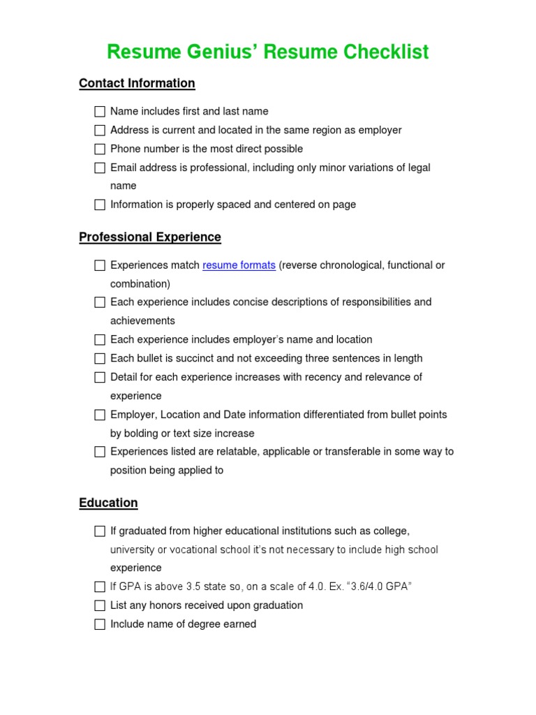 High School Resume Checklist | PDF