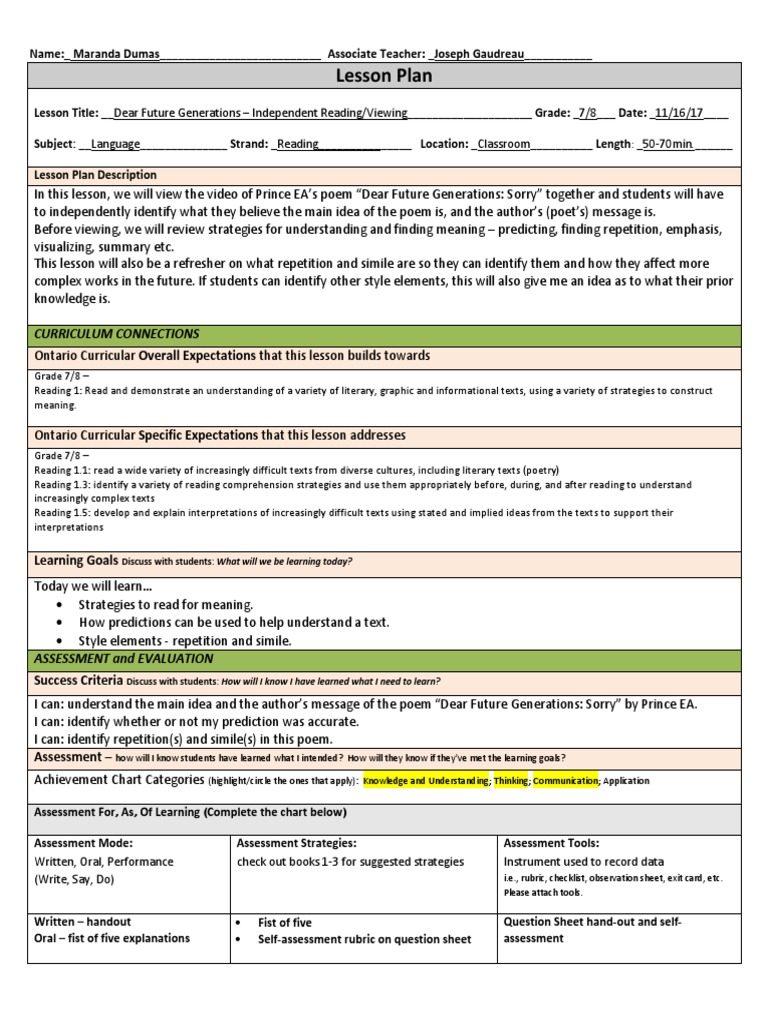 Dear Future Generations Lesson | PDF | Educational Assessment | Curriculum