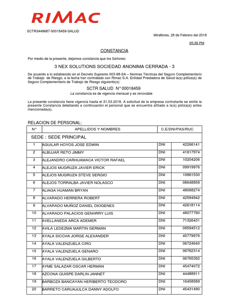 3 Nex Solutions SCTR Salud Marzo 2018 | PDF | Seguro