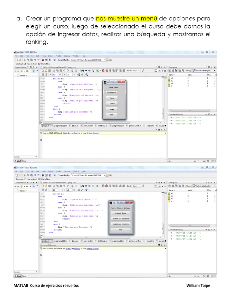 MATLAB Ejercicios Resueltos - Ciro William Taipe Huaman | PDF | Matlab ...