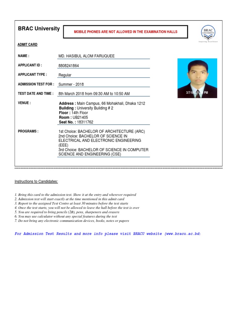 Admit Card Md. Hasibul Alom Faruquee 8808241864 | PDF