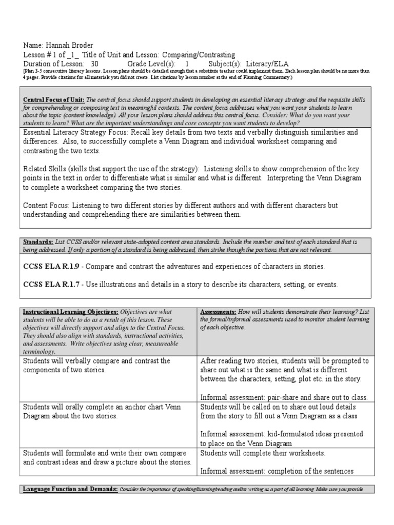 Compare and Contrast 1st Grade Lesson Plan | PDF | Educational ...