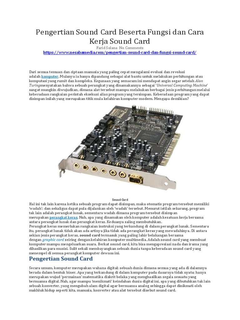 Pengertian Sound Card Beserta Fungsi Dan Cara Kerja Sound Card | PDF