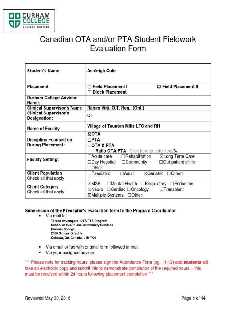 Ashleigh Cole Canadian Ota Pta Fieldwork Evaluation Form - Durham ...