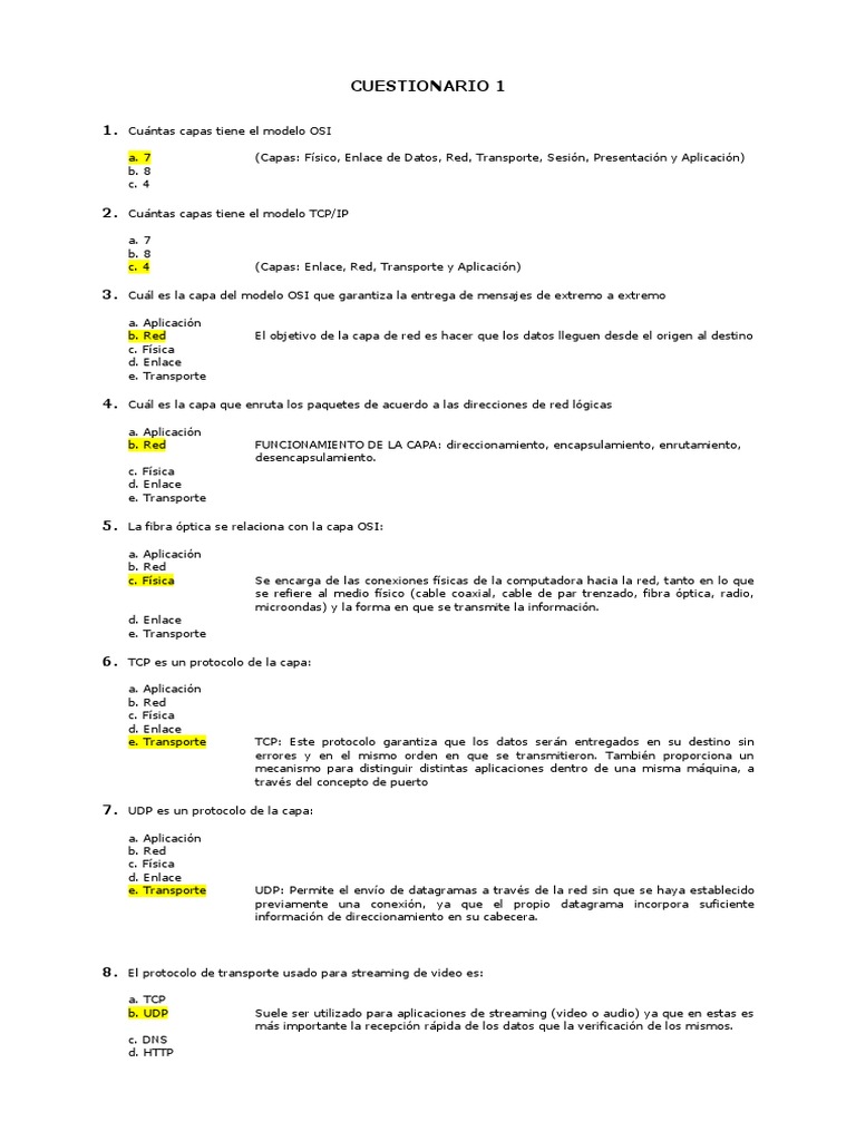 CUESTIONARIO | PDF | Modelo osi | Red de computadoras