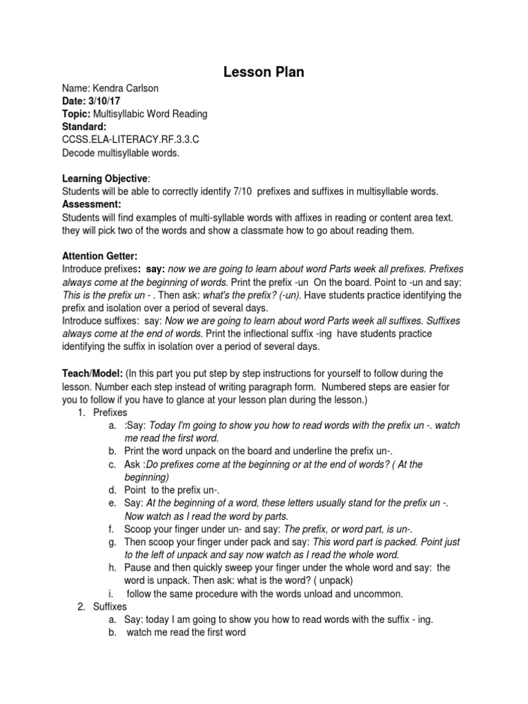 Multisyllabic Word Reading Lesson Plan | PDF | Lesson Plan | Word