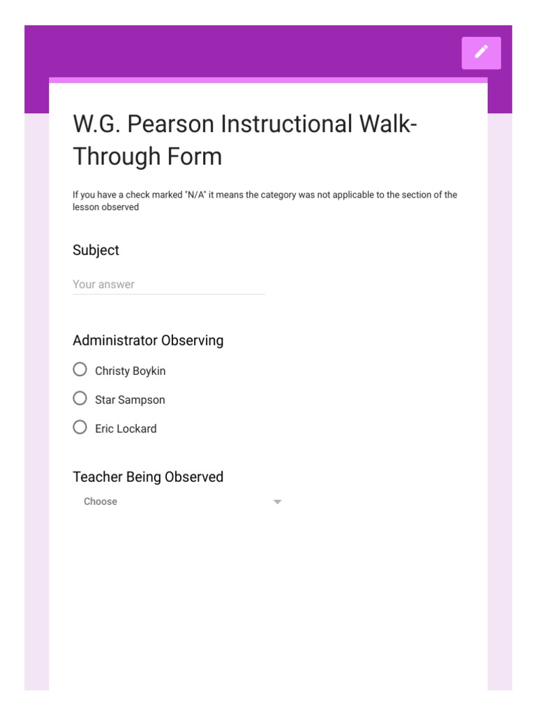 W.G. Pearson Instructional Walk-Through Form: Subject | Download Free ...