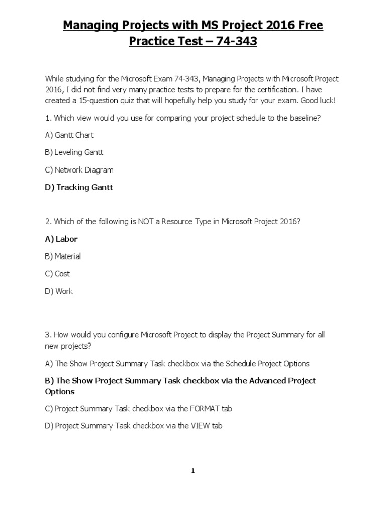 MS Project 2016 Exam 74-343 Practice Test | PDF | Microsoft Excel ...