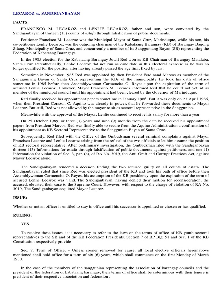 30 Lecaroz Vs Sandiganbayan Digest | PDF | U.S. Securities And Exchange Commission | Oath Of Office