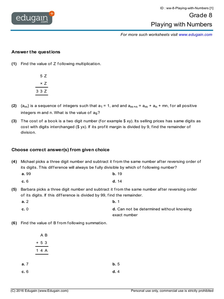 Grade 8 Playing With Numbers: Answer The Questions | PDF | Number ...