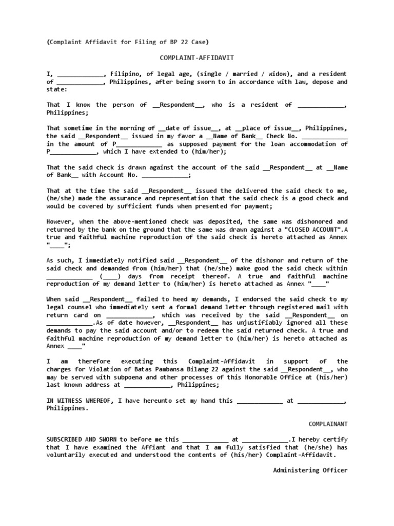 Complaint Affidavit BP22 | PDF | Cheque | Payments