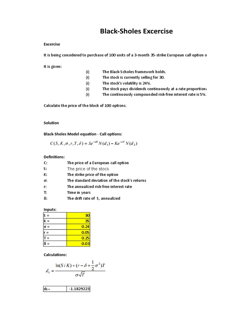 Black-Sholes Excercise Excel File | PDF | Black–Scholes Model | Option ...