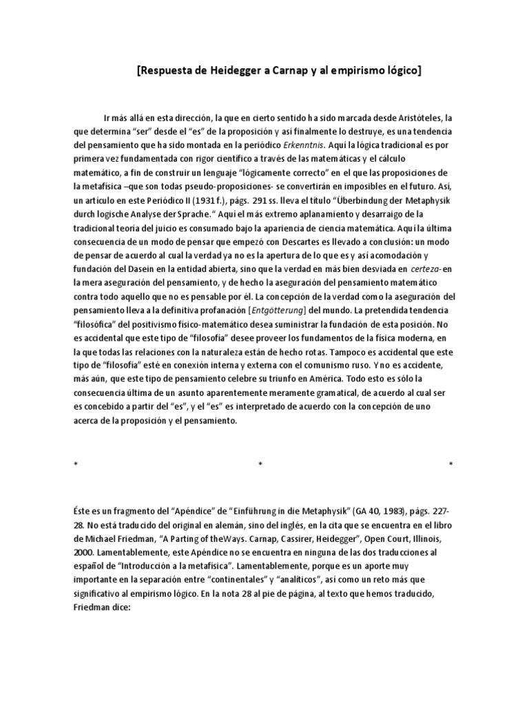 Respuesta de Heidegger A Carnap y Al Empirismo Logico. Heidegger ...