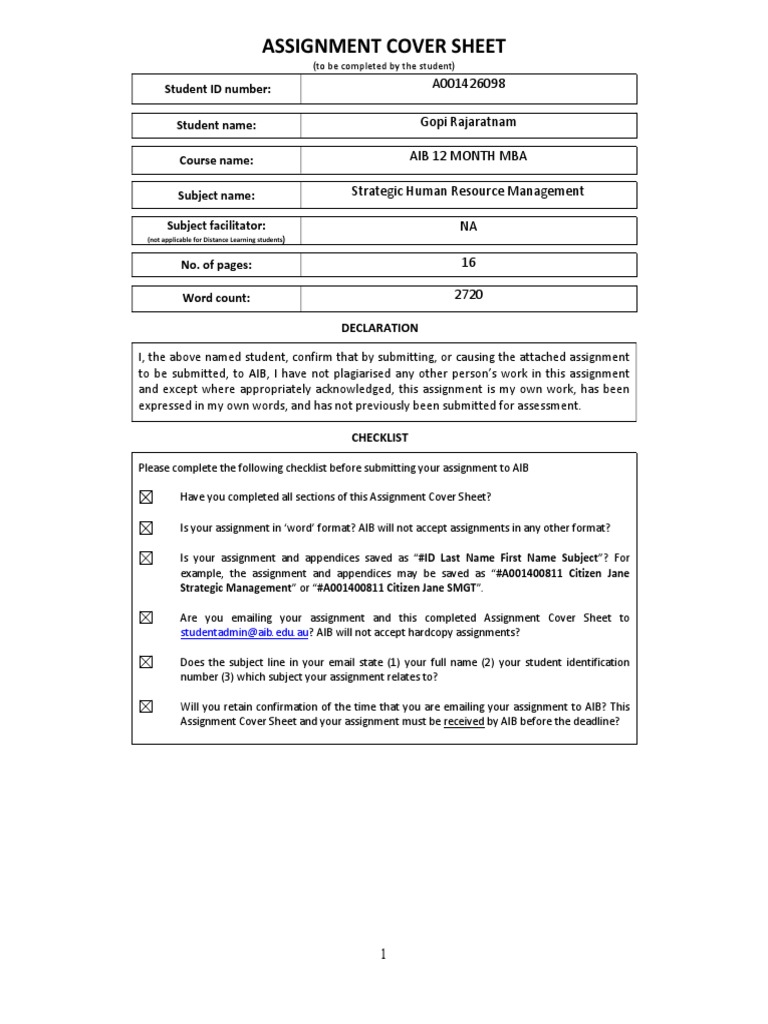 Assignment Cover Sheet: A001426098 Gopi Rajaratnam Aib 12 Month Mba ...